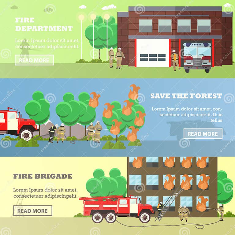 Vector Set of Banners with Fire Fighting Concept Design Elements Stock ...