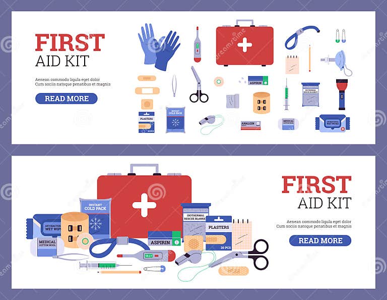 Vector Set of Banners with Illustrations of First Aid Kits. Stock ...