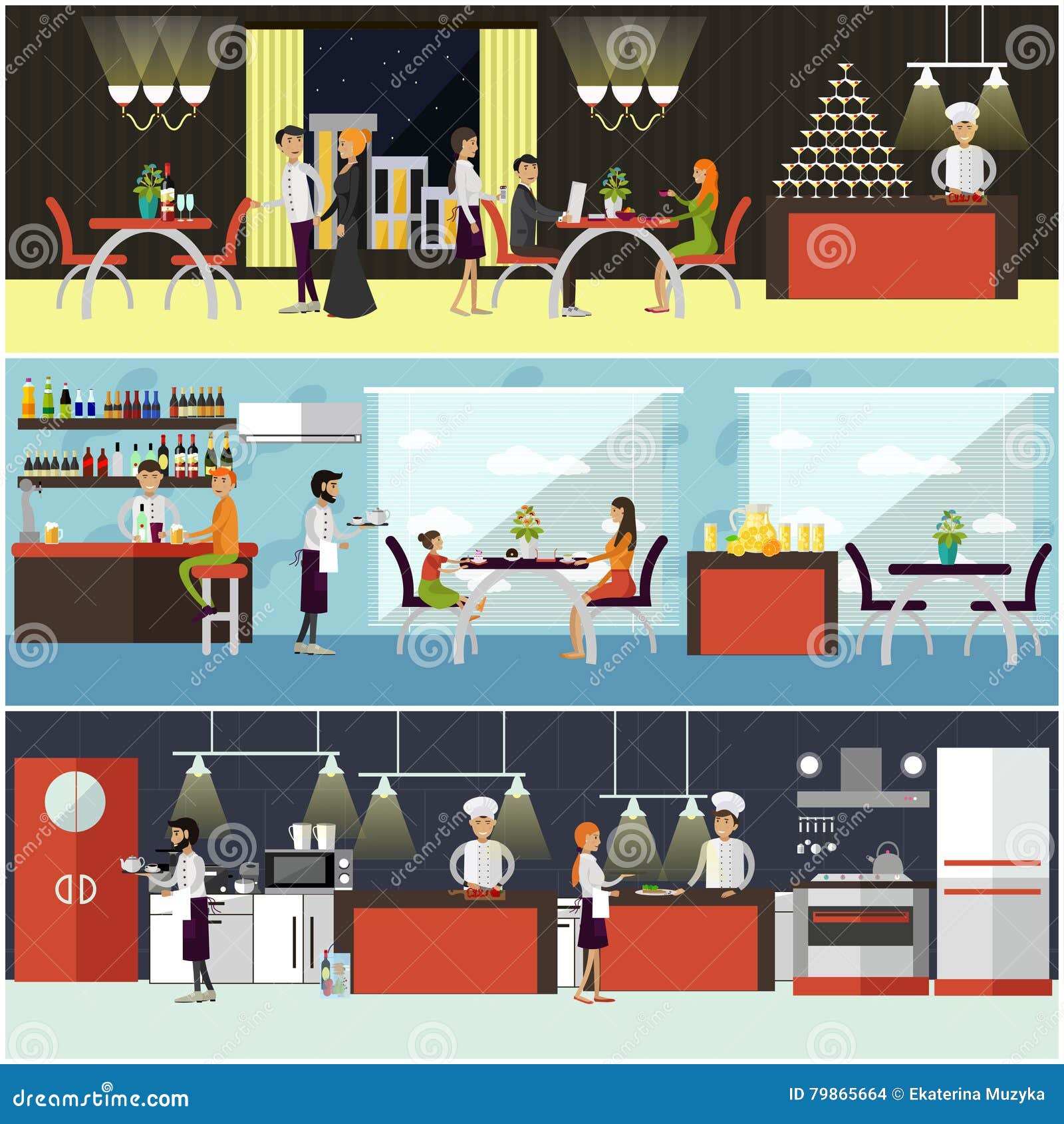 Vector Set of Banners with Restaurant Interiors. People Having Lunch in ...
