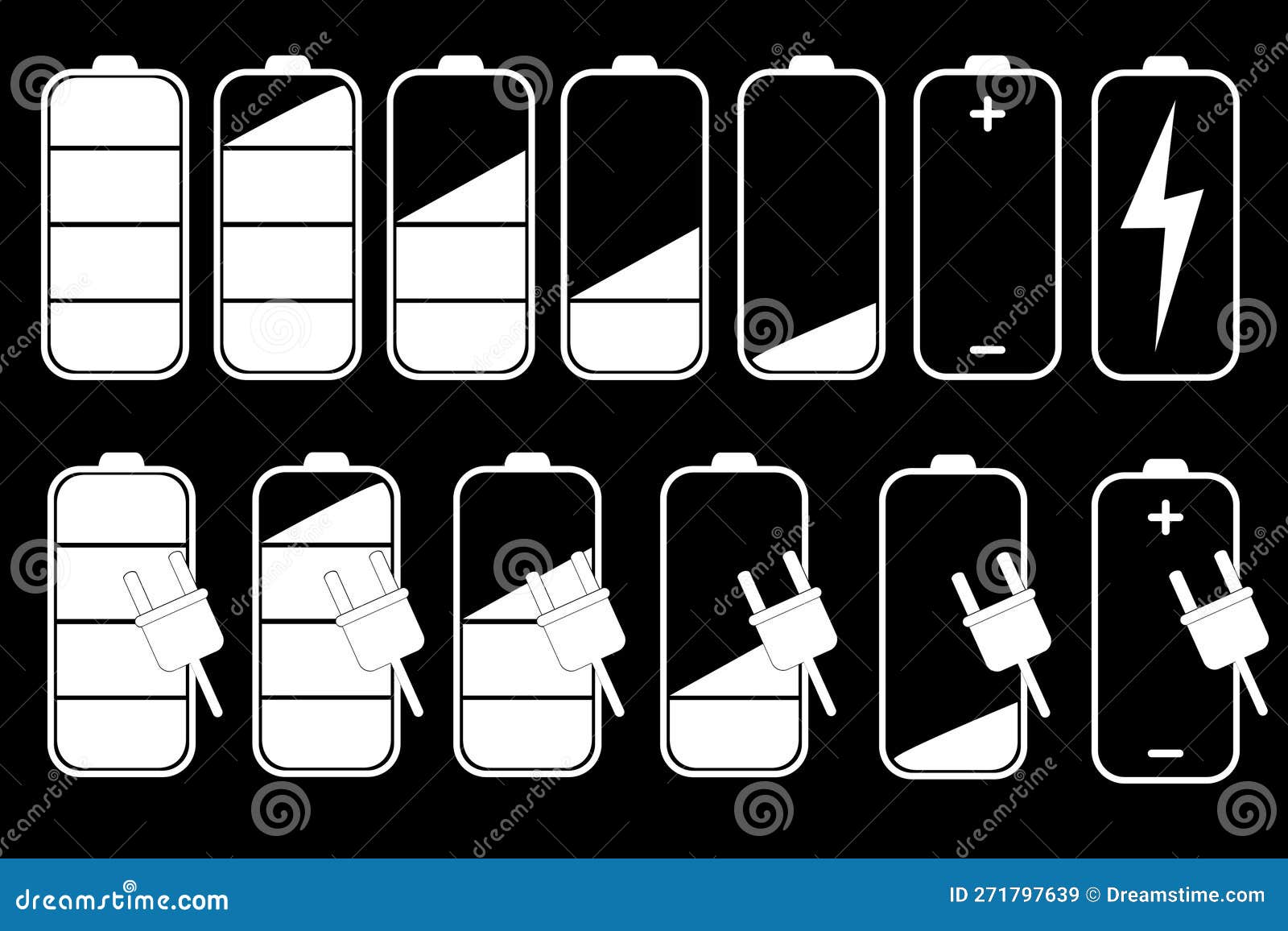 Vector Set Battery Level Indicator, White Outline Isolated on Black ...