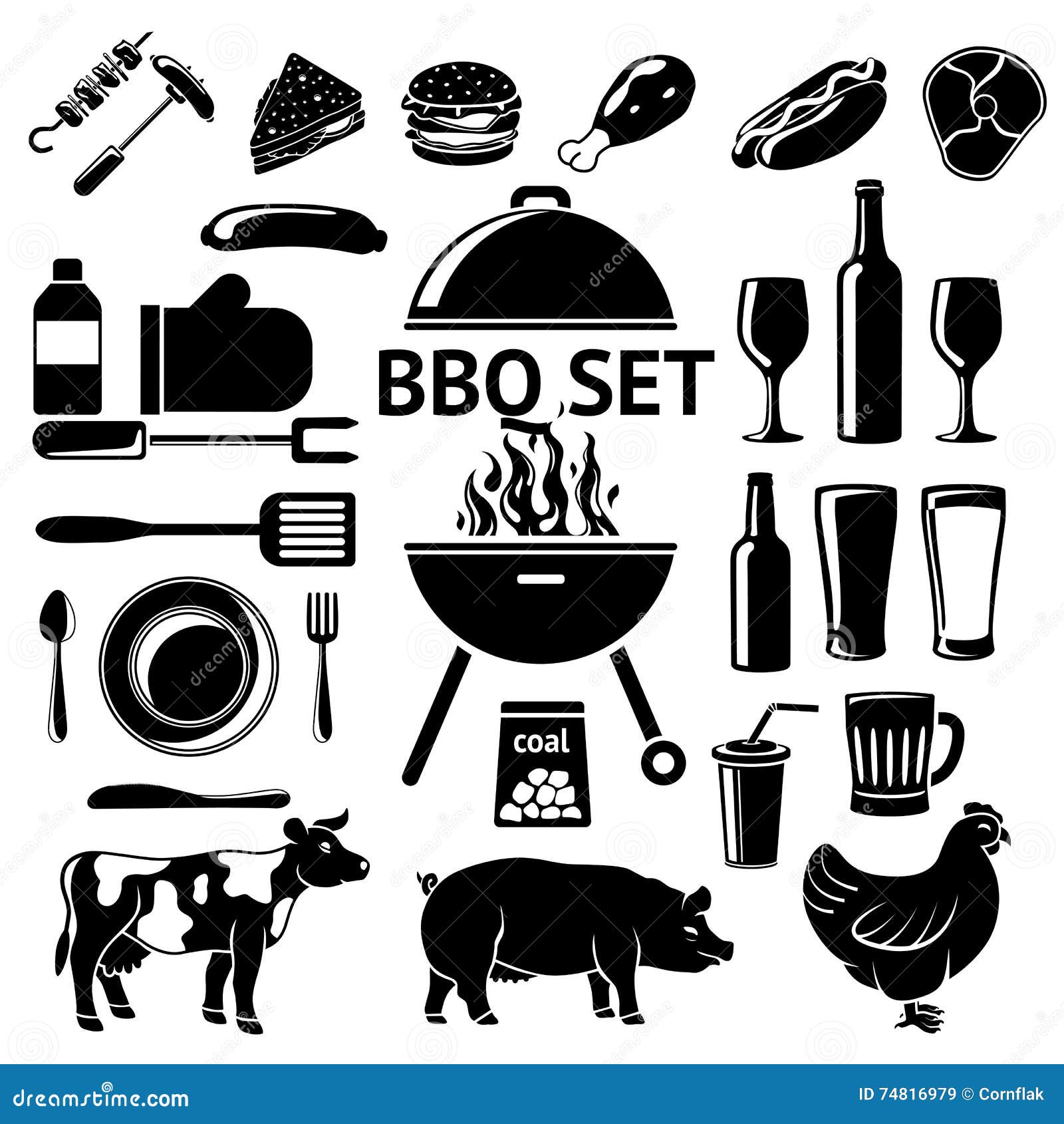Vector Set for BBQ Party. Grill, Drinks, Instruments, Meat Types Etc ...