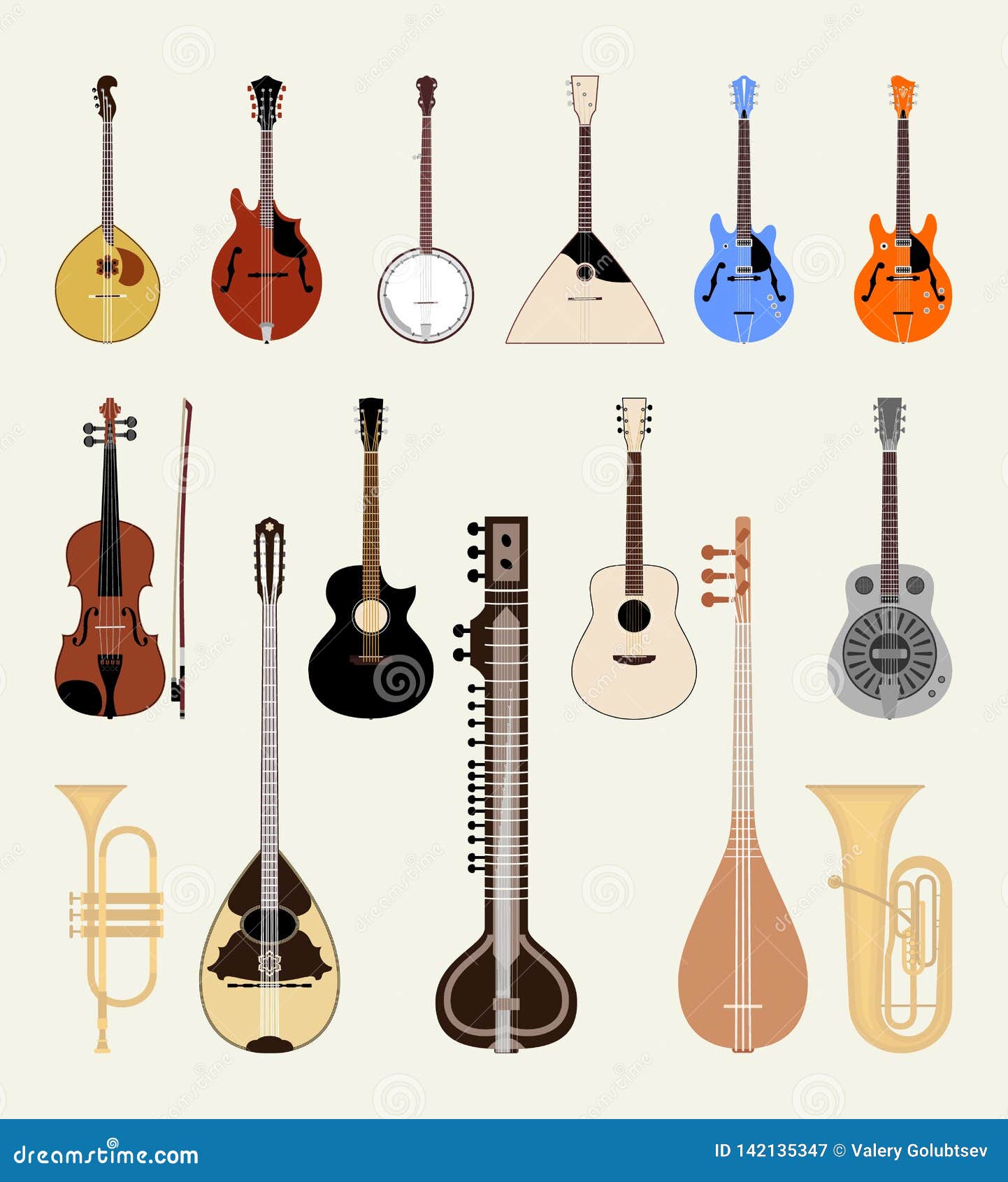 Vector Set Beautiful Musical Instruments. Isolated on Light Background ...