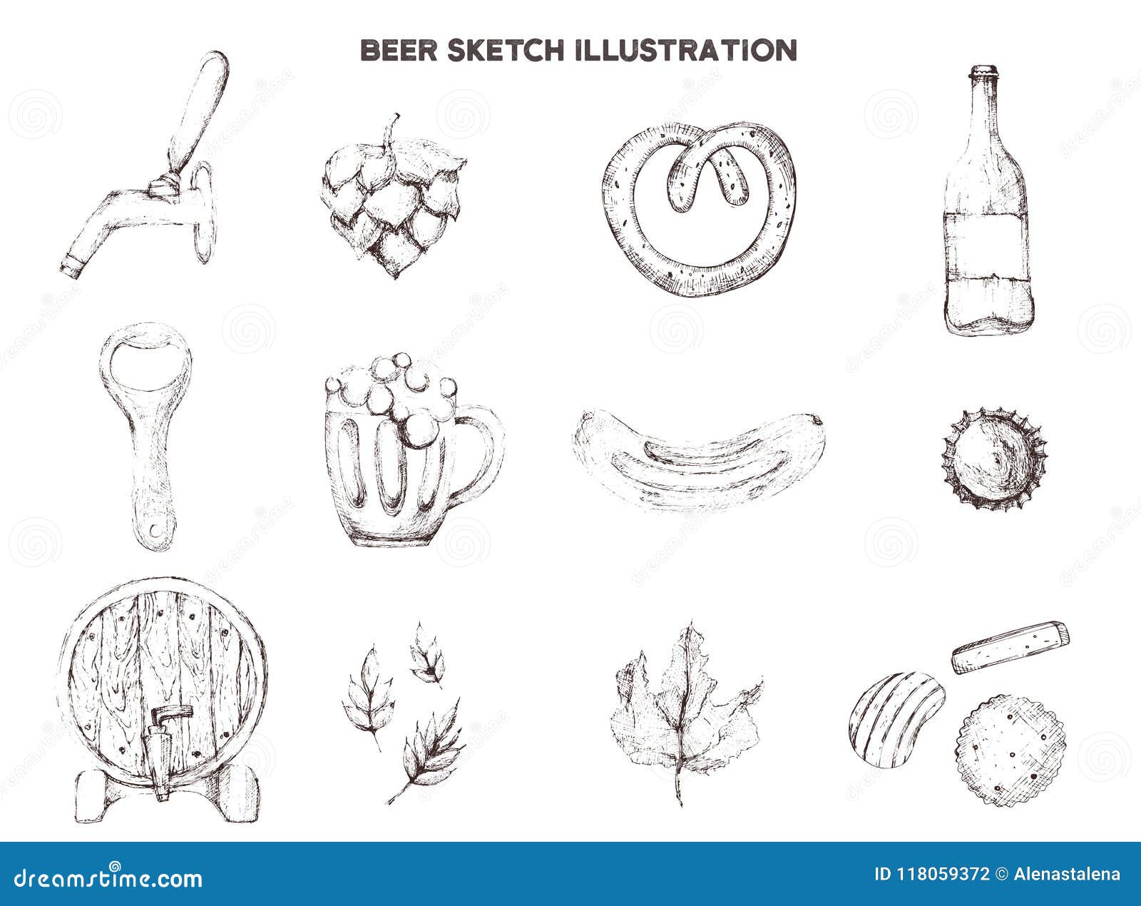 Vector Set of Beer Graphics in Sketch Hand Drawn Style Isolated on ...