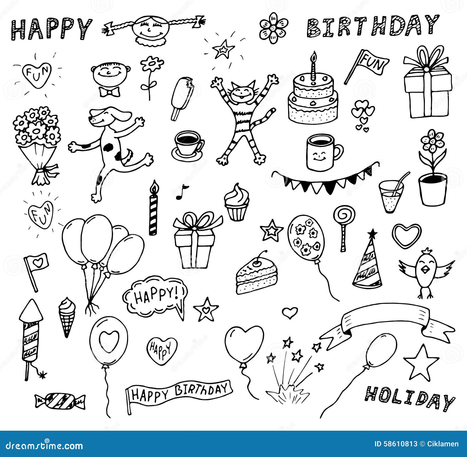 Vector Set of Birthday Doodles Stock Vector - Illustration of black ...