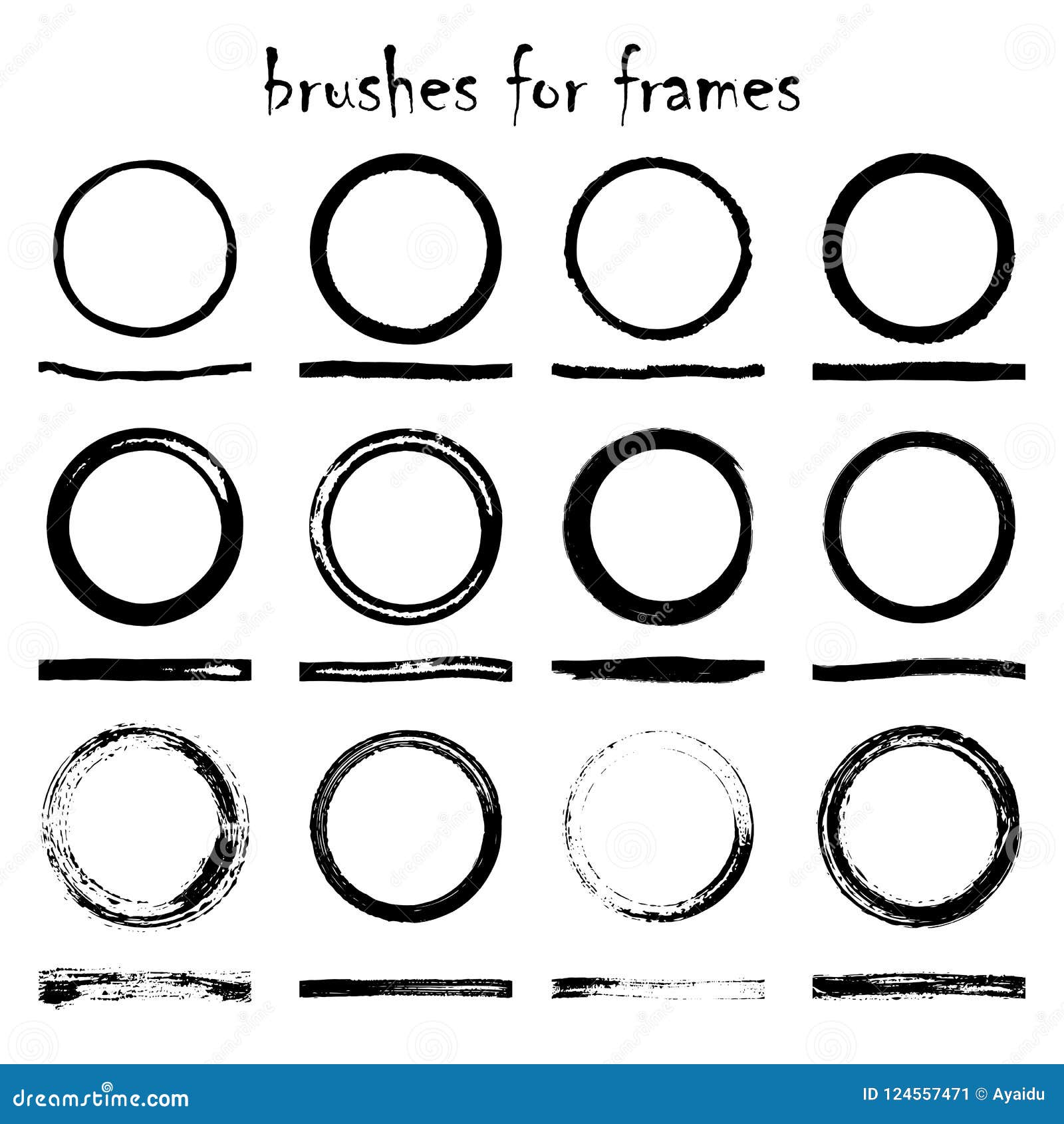 Vector Set of 12 Black Brushes and Round Frames Painted in Ink Stock ...