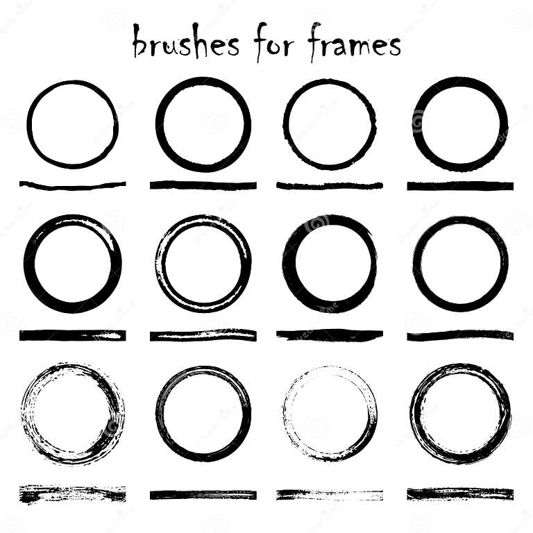 Vector Set of 12 Black Brushes and Round Frames Painted in Ink Stock ...