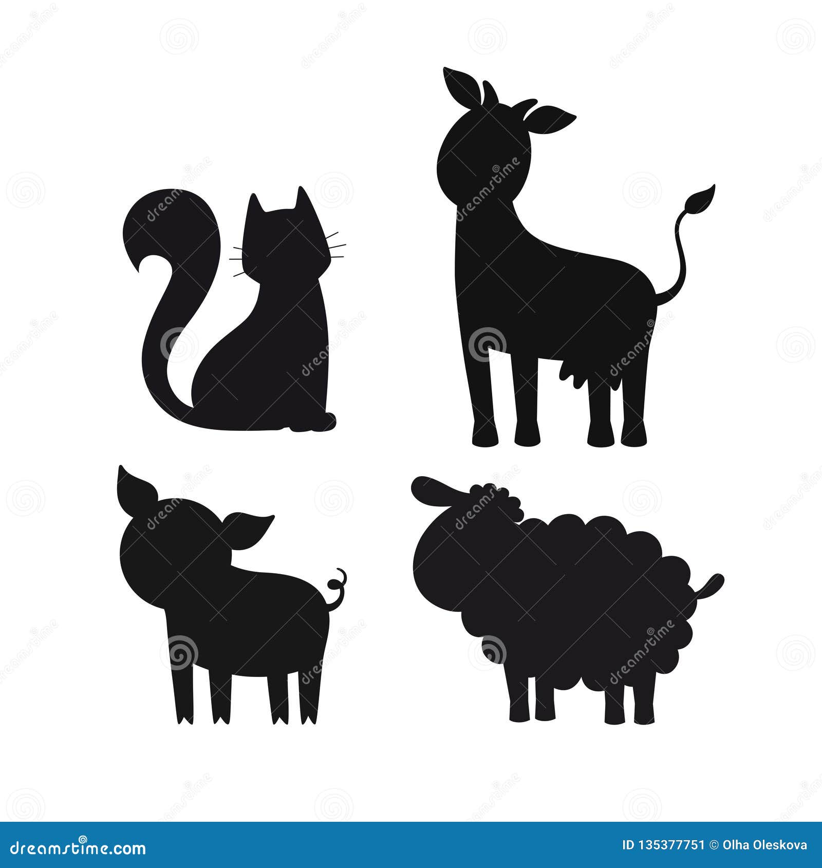 Vector Set of Black Stylized Silhouettes of Domestic Animals Stock ...