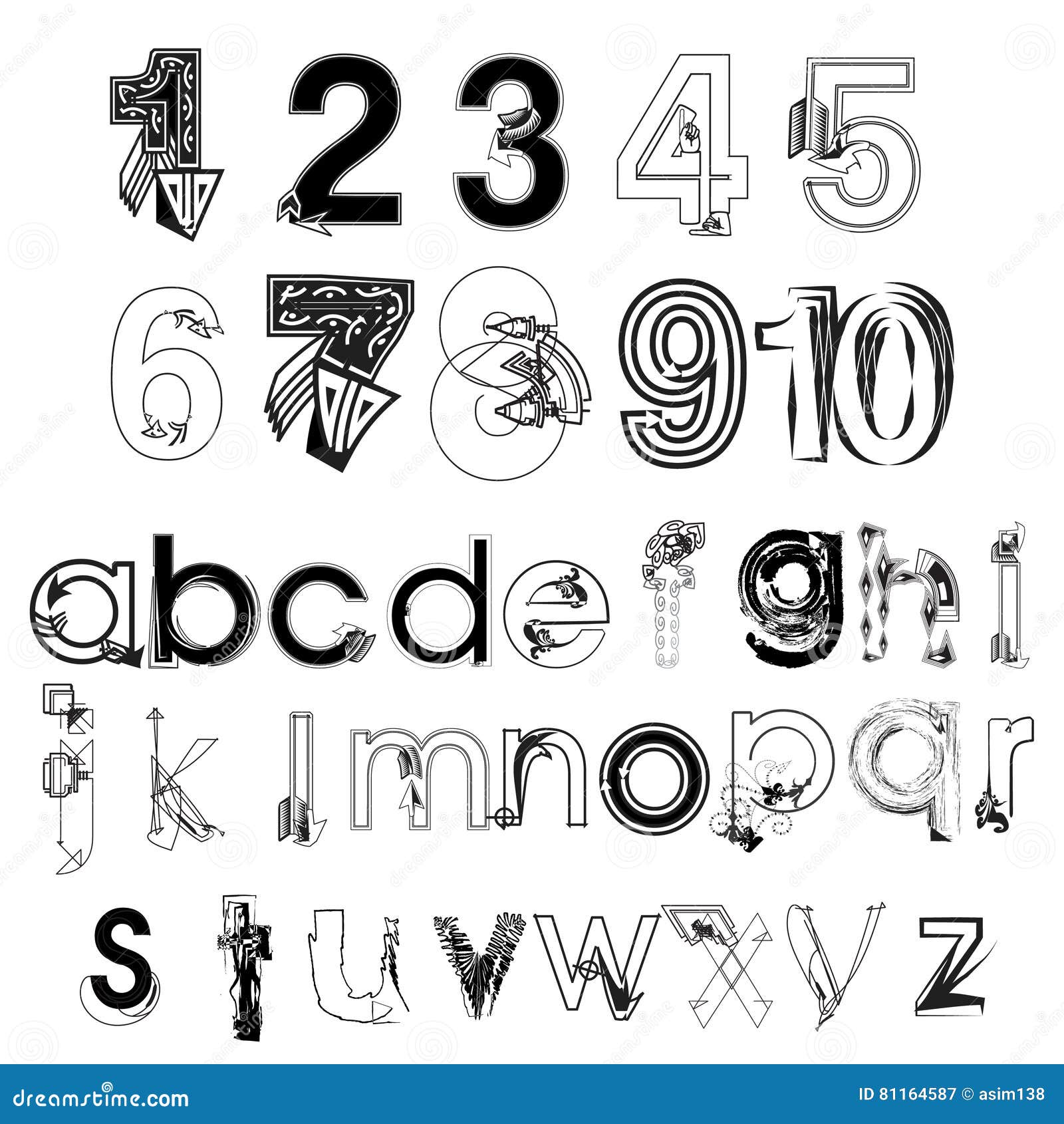 Vector Set of Black and White Abstract Hand Drawing Modern Letters and ...