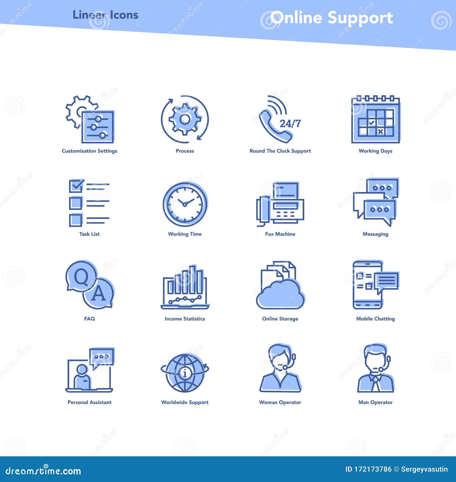 Vector Set of Blue Color Linear Icons - ONLINE SUPPORT Stock Vector ...