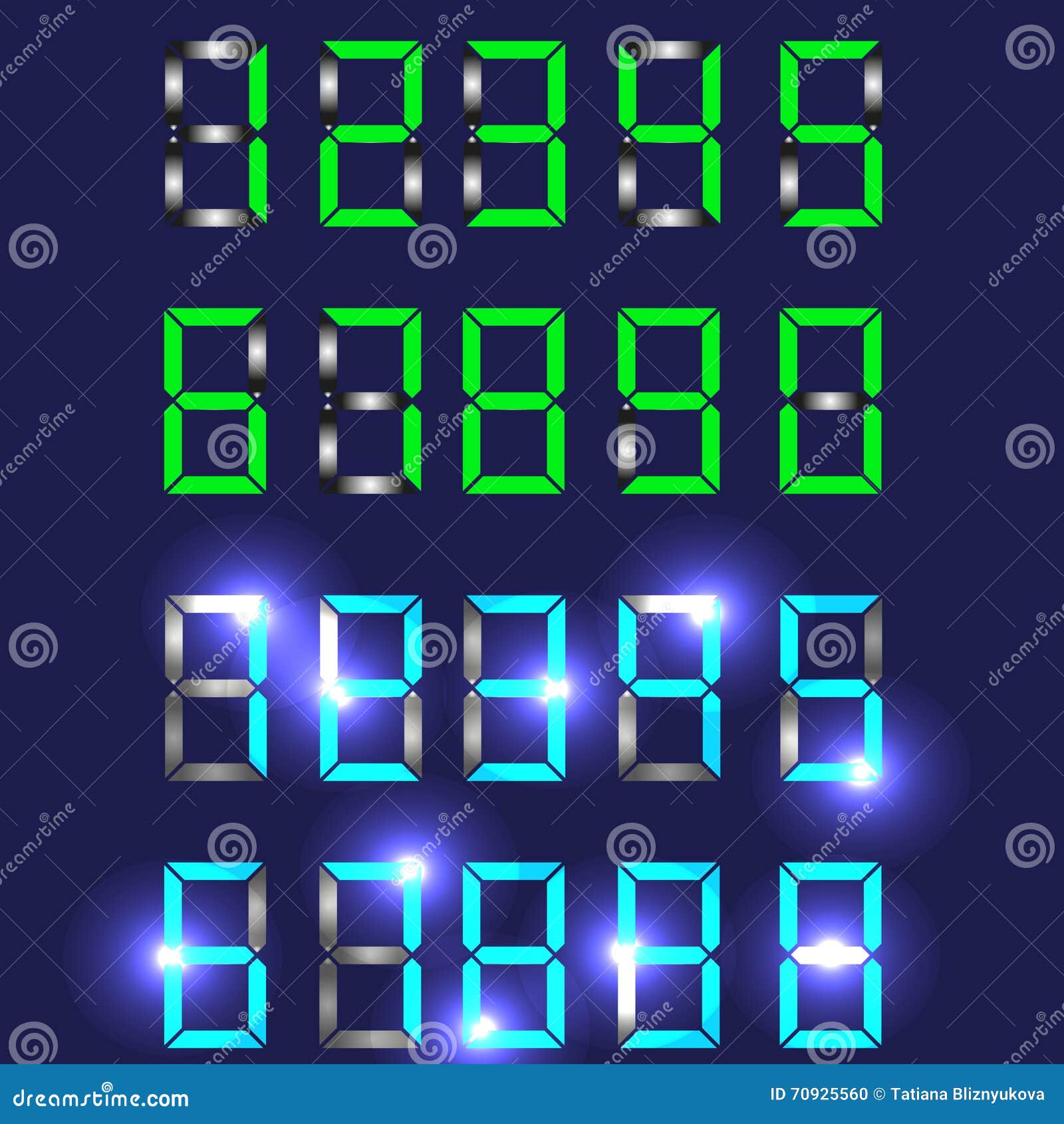 Vector Set of Blue and Green Digital Numbers on a a Dark Blue ...