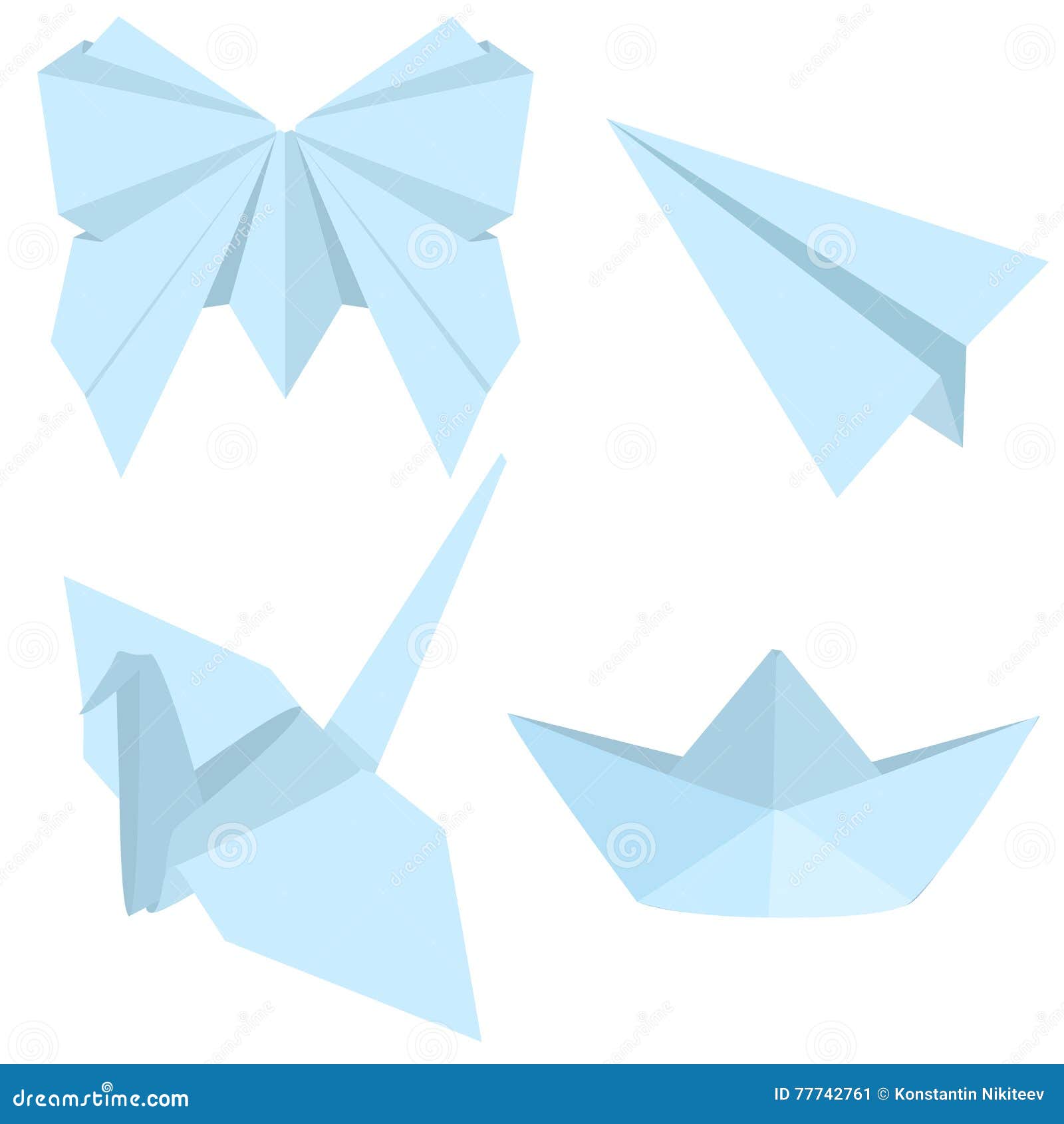 Set Of Origami Objects. White On Blue Background. Plane, Pinwheel And ...