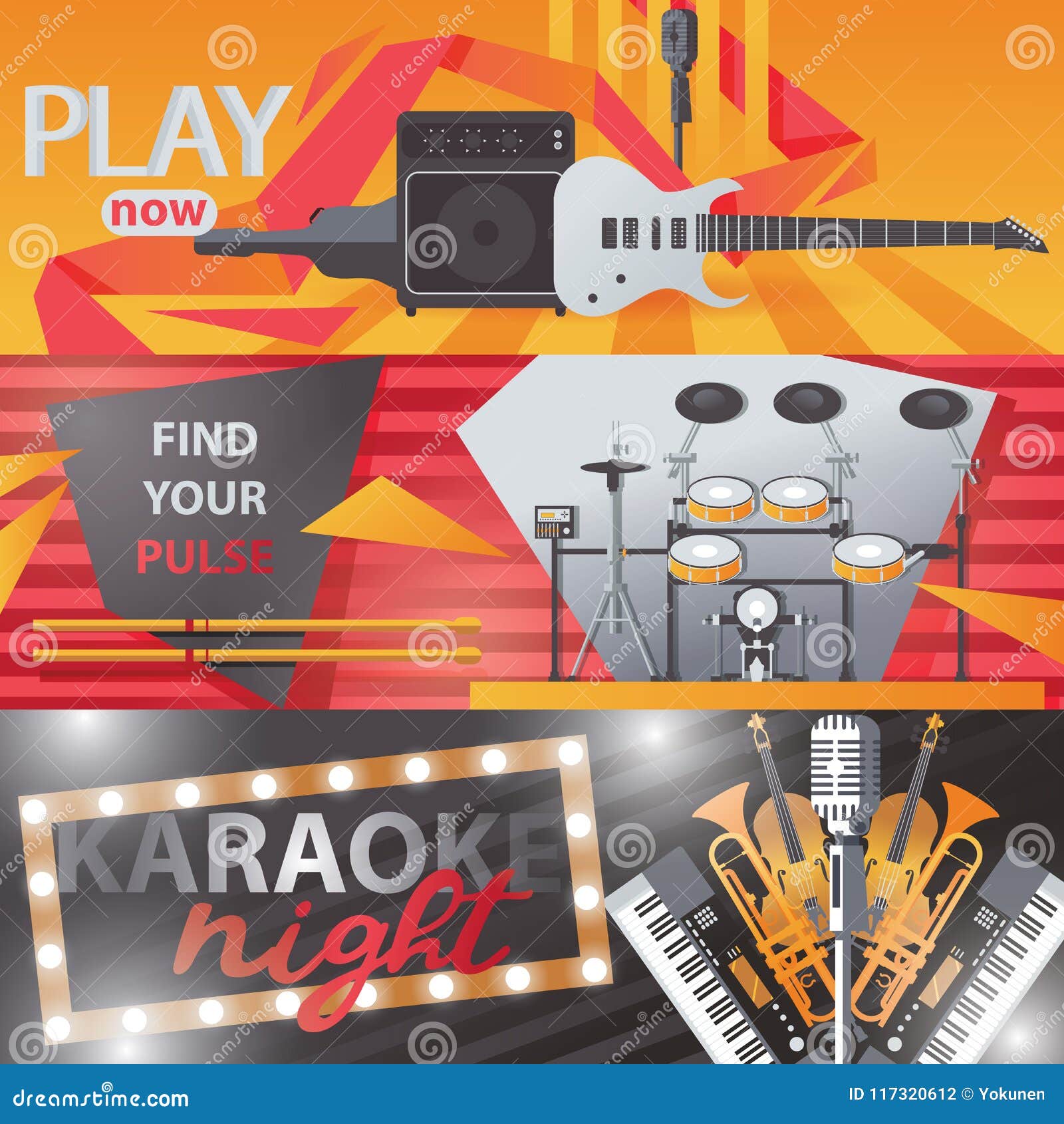 Vector Set with Bright Horizontal Banners about Singing, Live Sound ...