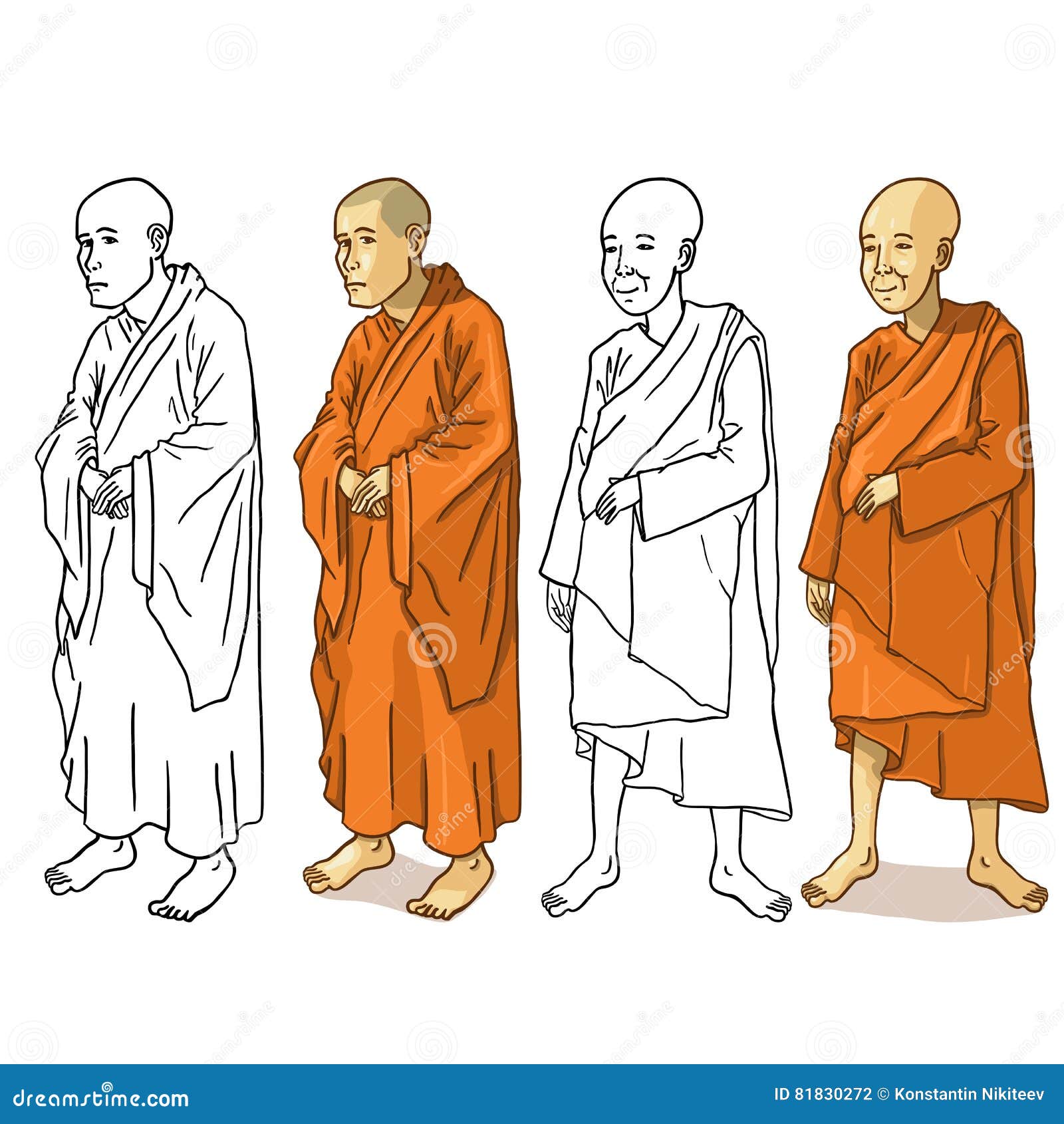 Vector Set of Buddhist Monk Characters Stock Vector - Illustration of ...