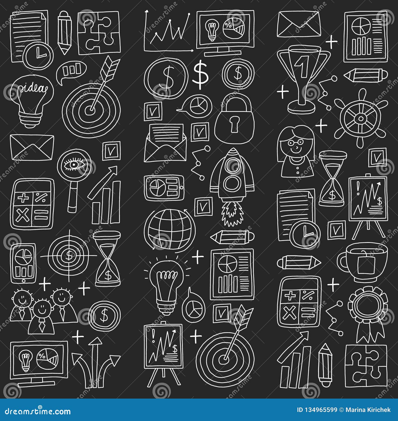 Vector Set of Bussines Icons in Doodle Style Chalk on Black Background ...