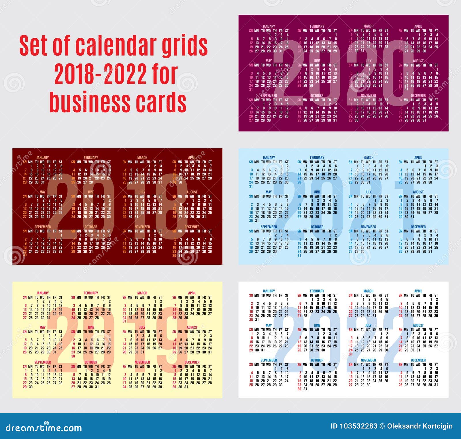 Vector Set of Calendar Grid for Years 2018-2022 for Business Cards ...