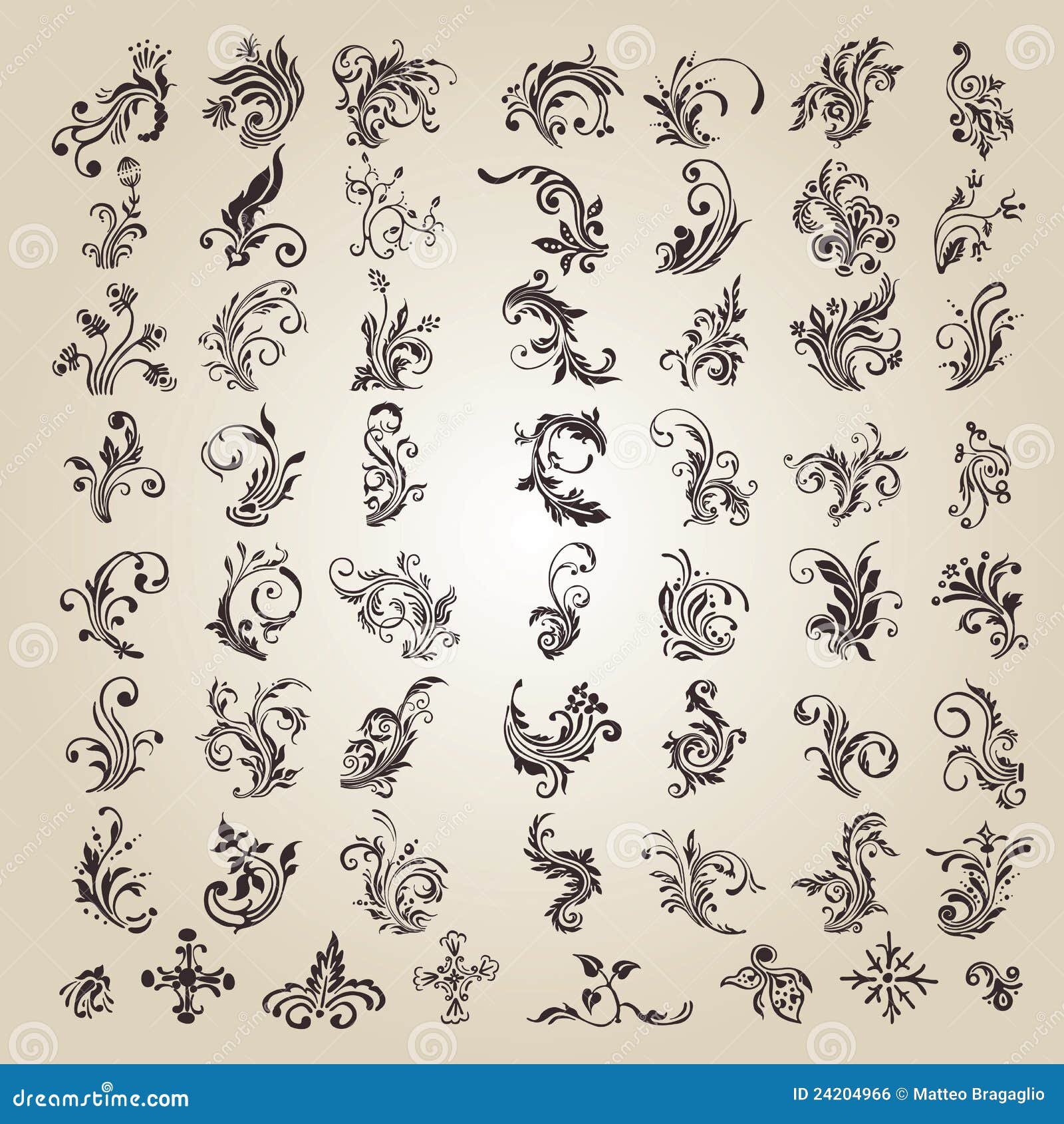 Vector Set: Caligraphic Flower Design Stock Illustration - Illustration ...