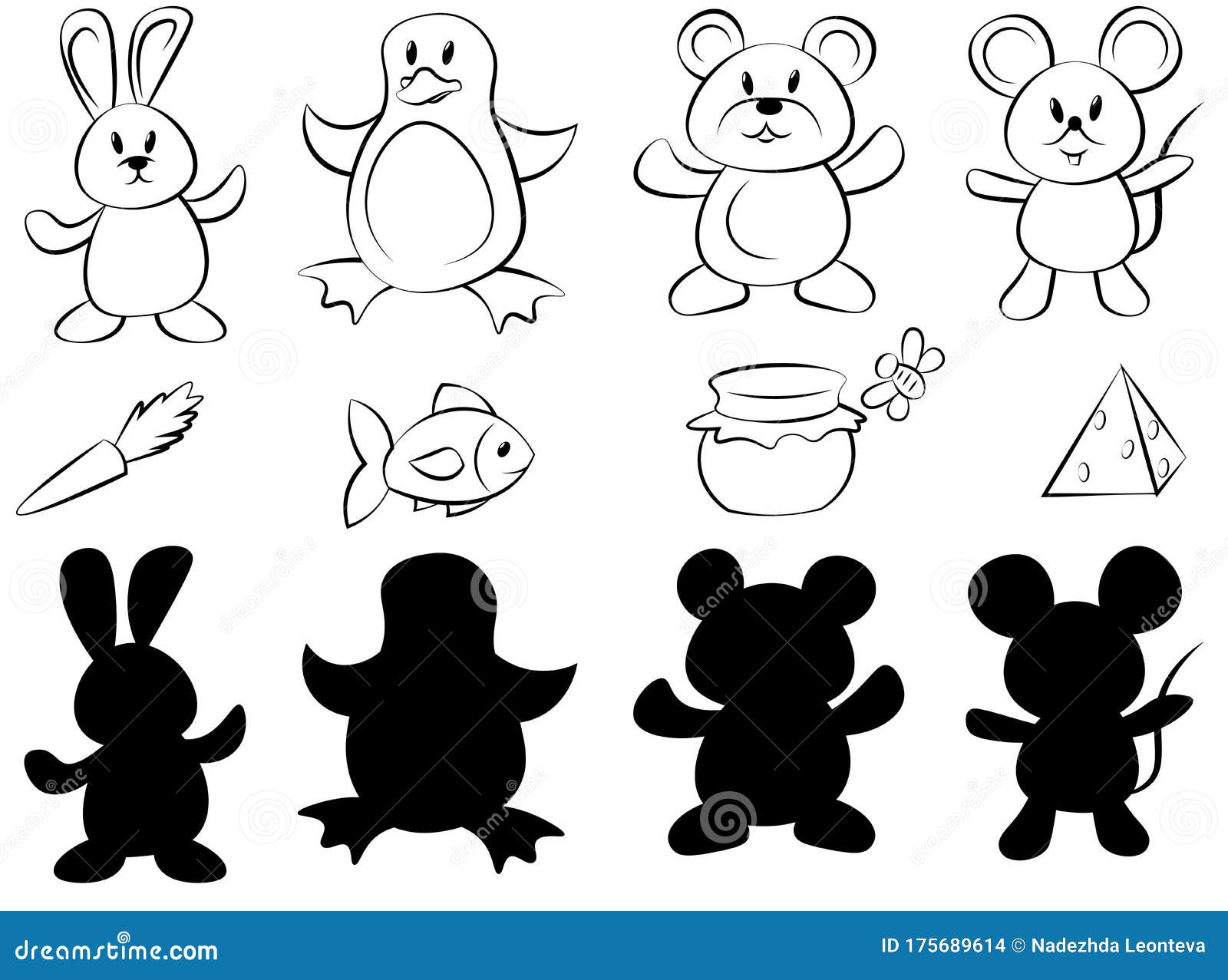 Vector Set of Cartoon Animals with Their Shadows. Set for Children Play ...
