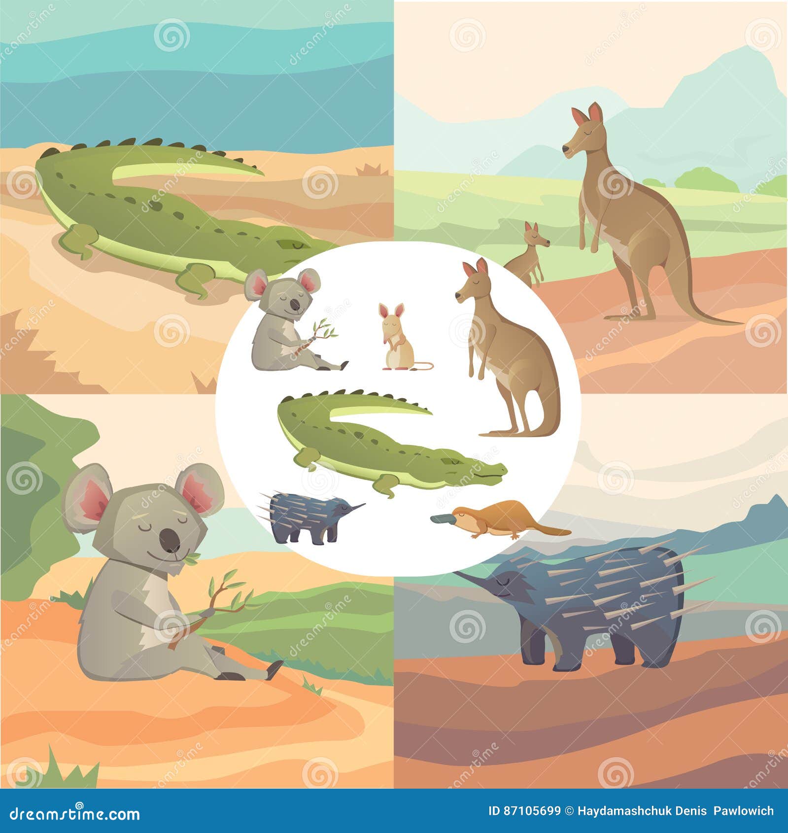 Cartoon Australian Animals Resting On Beach Watercolor Illustration ...