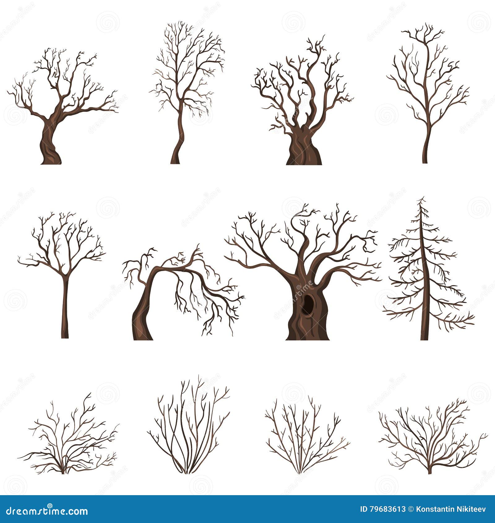 Cartoon Bare Tree Silhouette Isolated On White Background. Vector ...