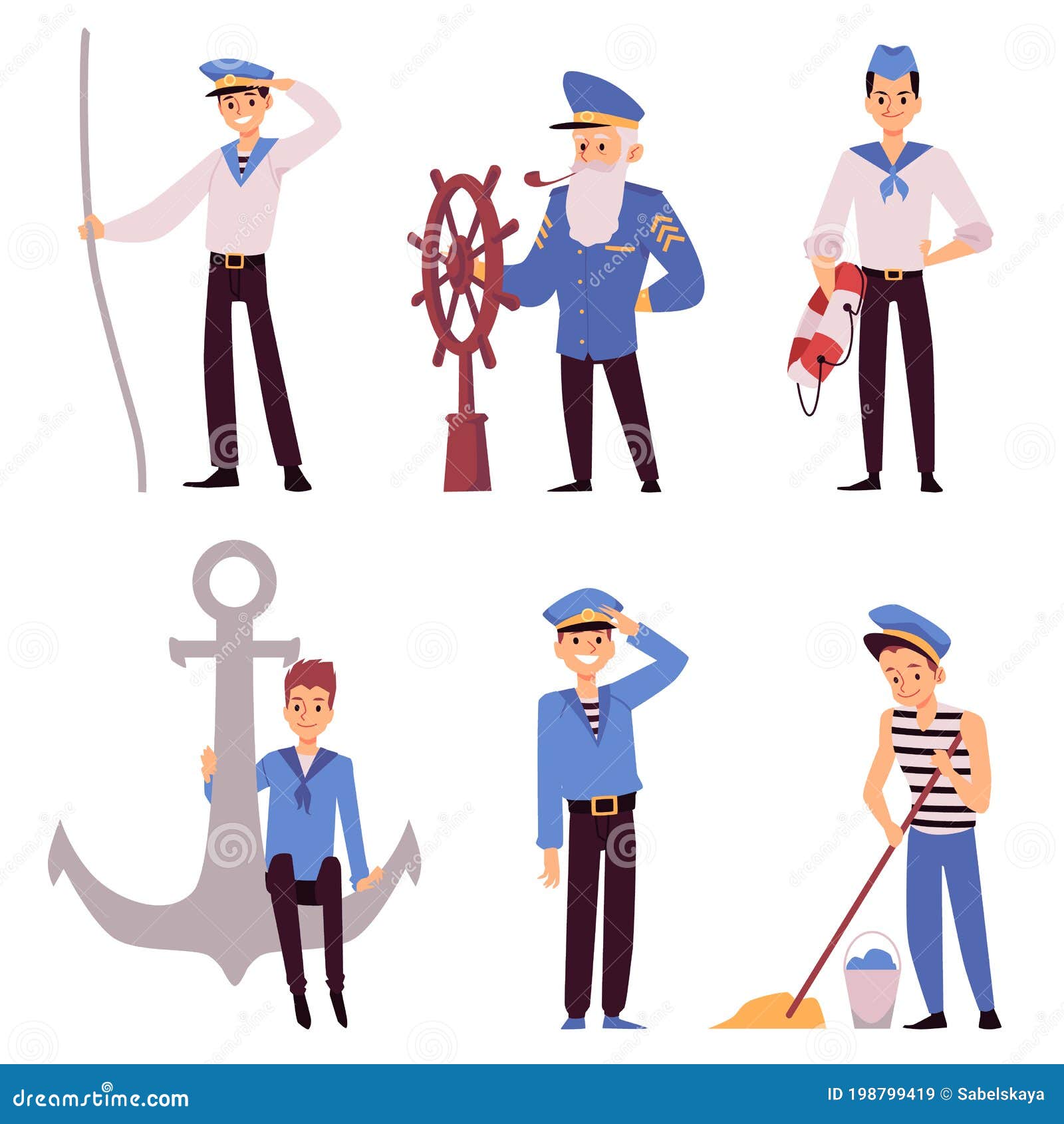 Vector Set of Cartoon Characters of Sailors and a Captain Working on ...