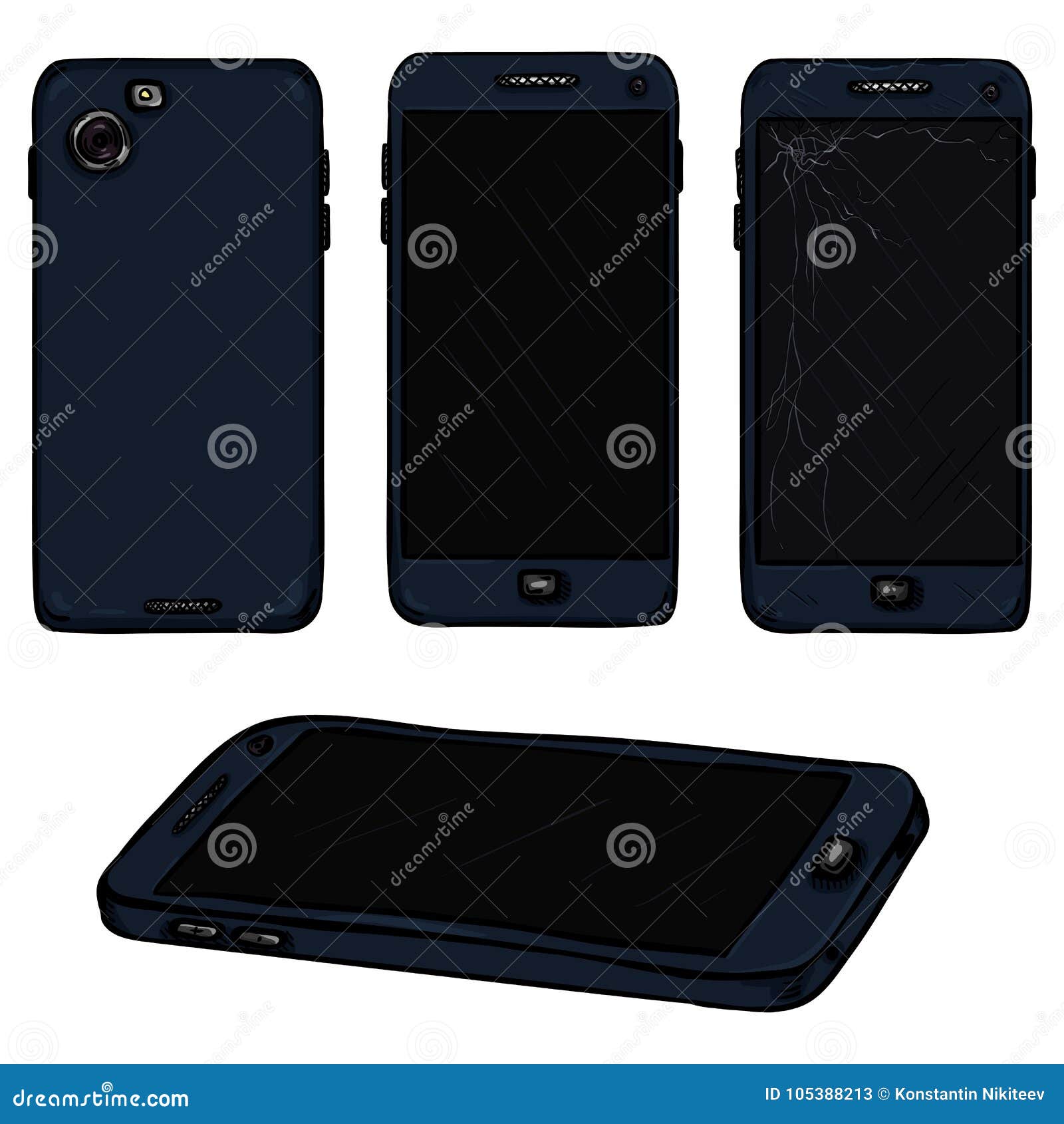 Vector Set of Cartoon Dark Blue Smart Phone Illustrations. Front and ...