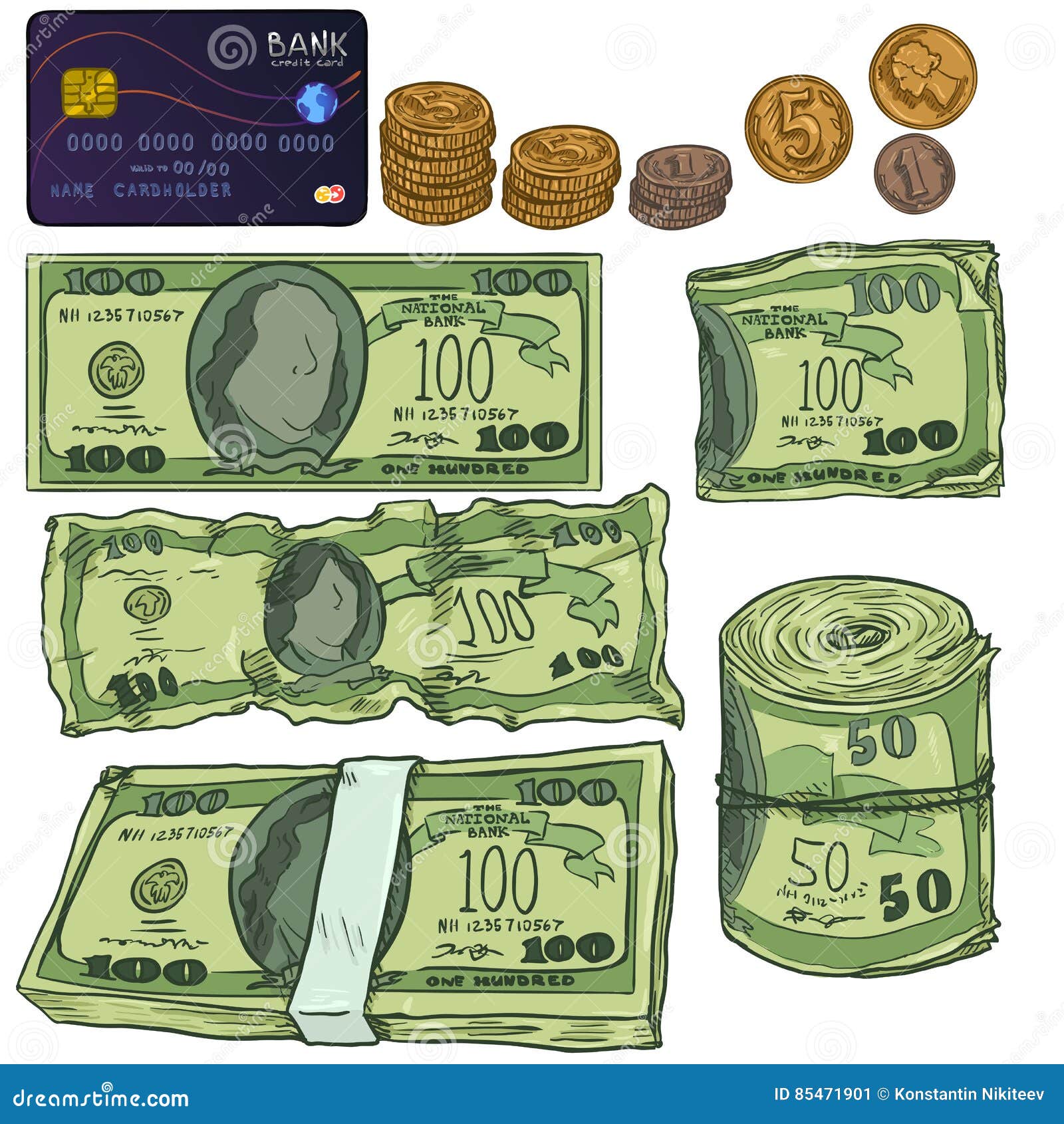 Vector Set of Cartoon Money: Banknotes, Coins, Card. Stock Vector ...