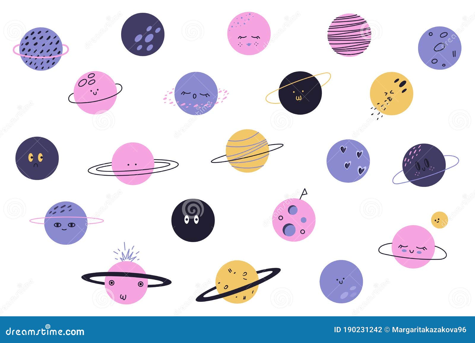 Vector Set of Cartoon Planets. Funny Children`s Illustrations on the ...