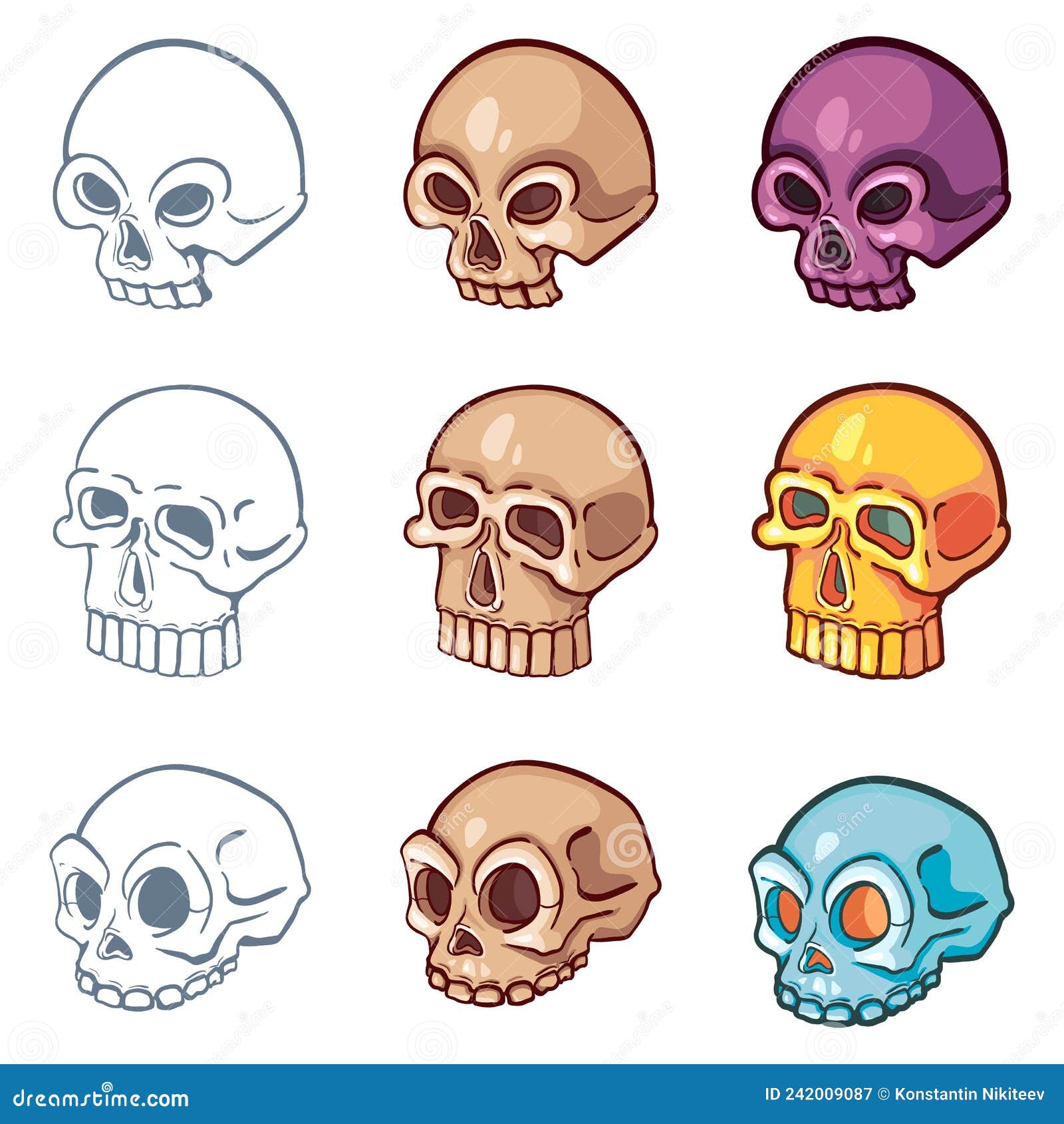 Vector Set of Cartoon Skull Icons Stock Vector - Illustration of ...