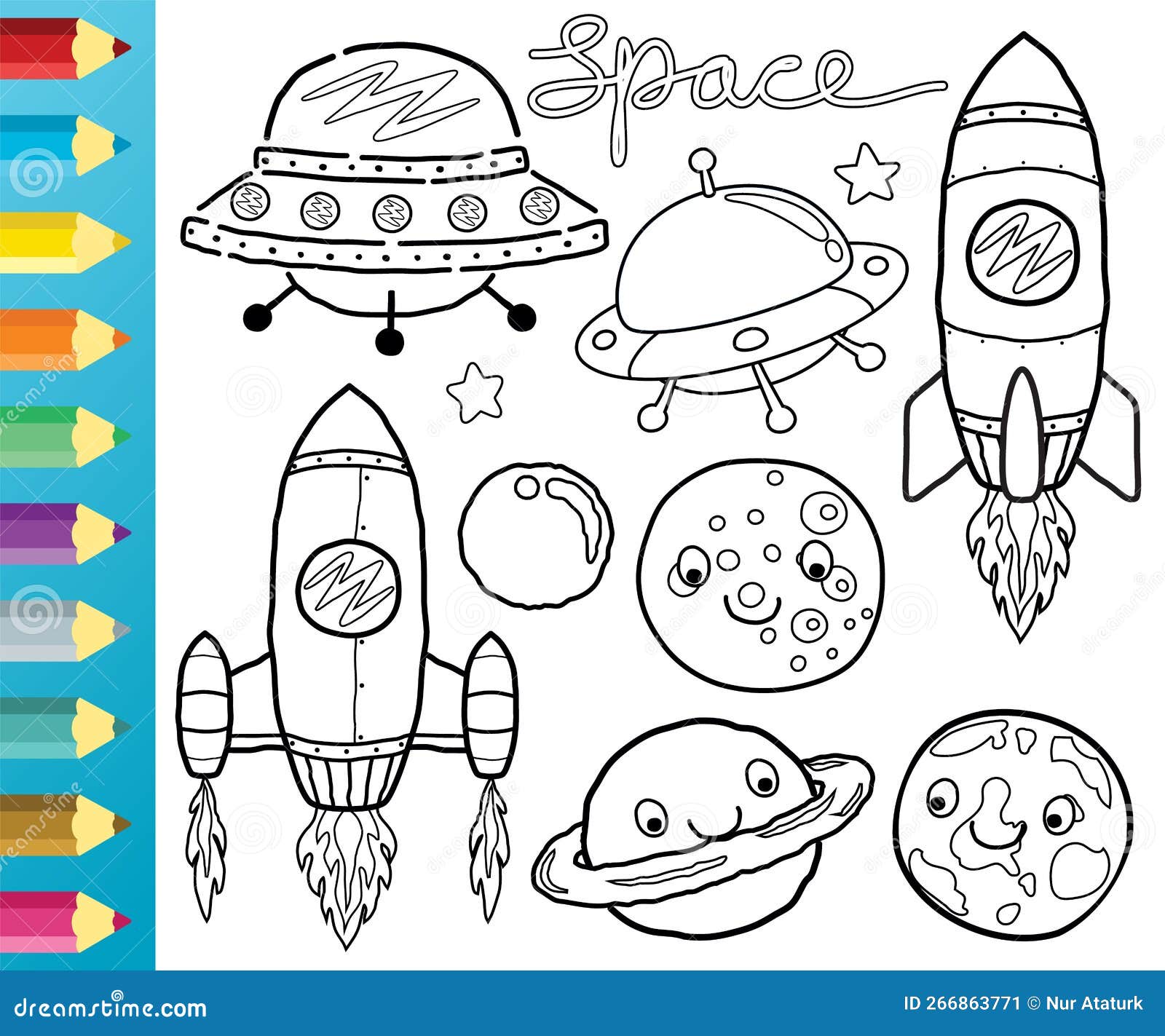 Vector Set of Cartoon Space Elements. Coloring Book or Page Stock ...