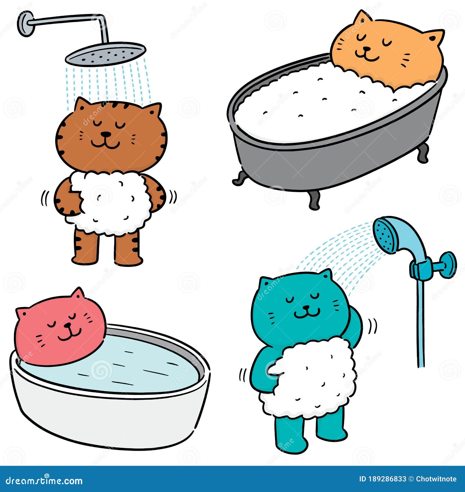 Vector set of cat bathing stock vector. Illustration of drawn - 189286833