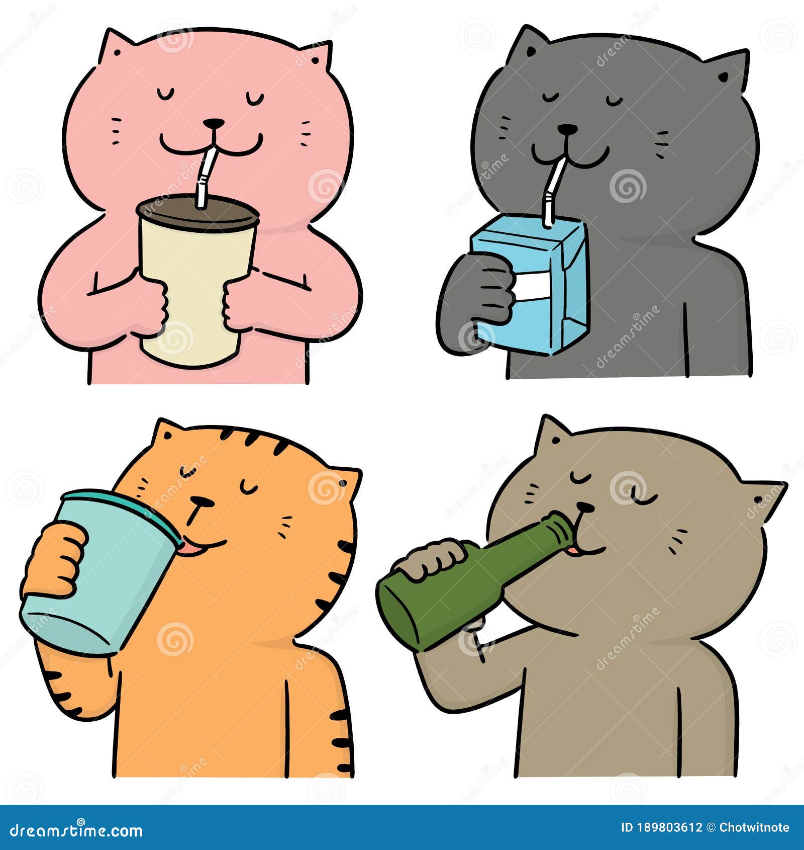 Vector set of cat drinking stock vector. Illustration of doodle - 189803612