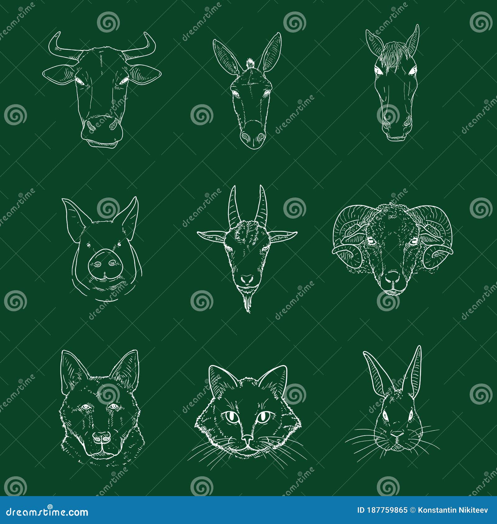 Vector Set of Chalk Sketch Farm Animals Heads Stock Vector ...