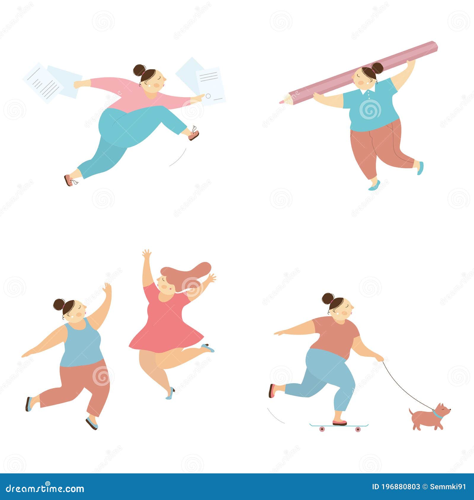 Vector Set of Characters.Illustration of Plump Girls in Different Poses ...