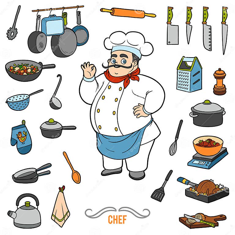 Vector Set with Chef and Objects for Cooking. Cartoon Sticker Se Stock ...