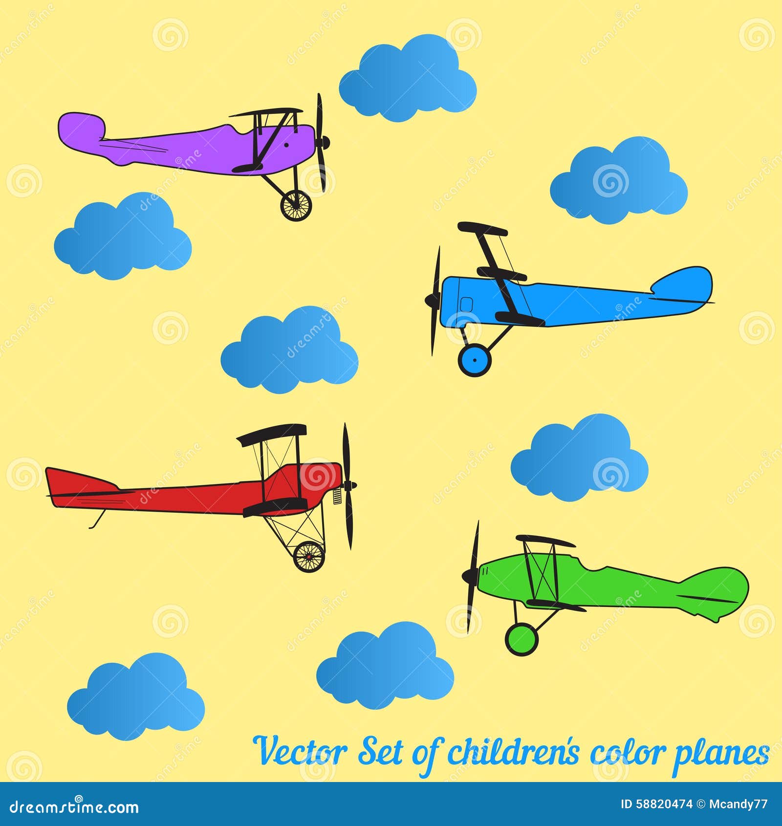 Vector Set of Children Colored Retro Planes and Clouds Stock Vector ...