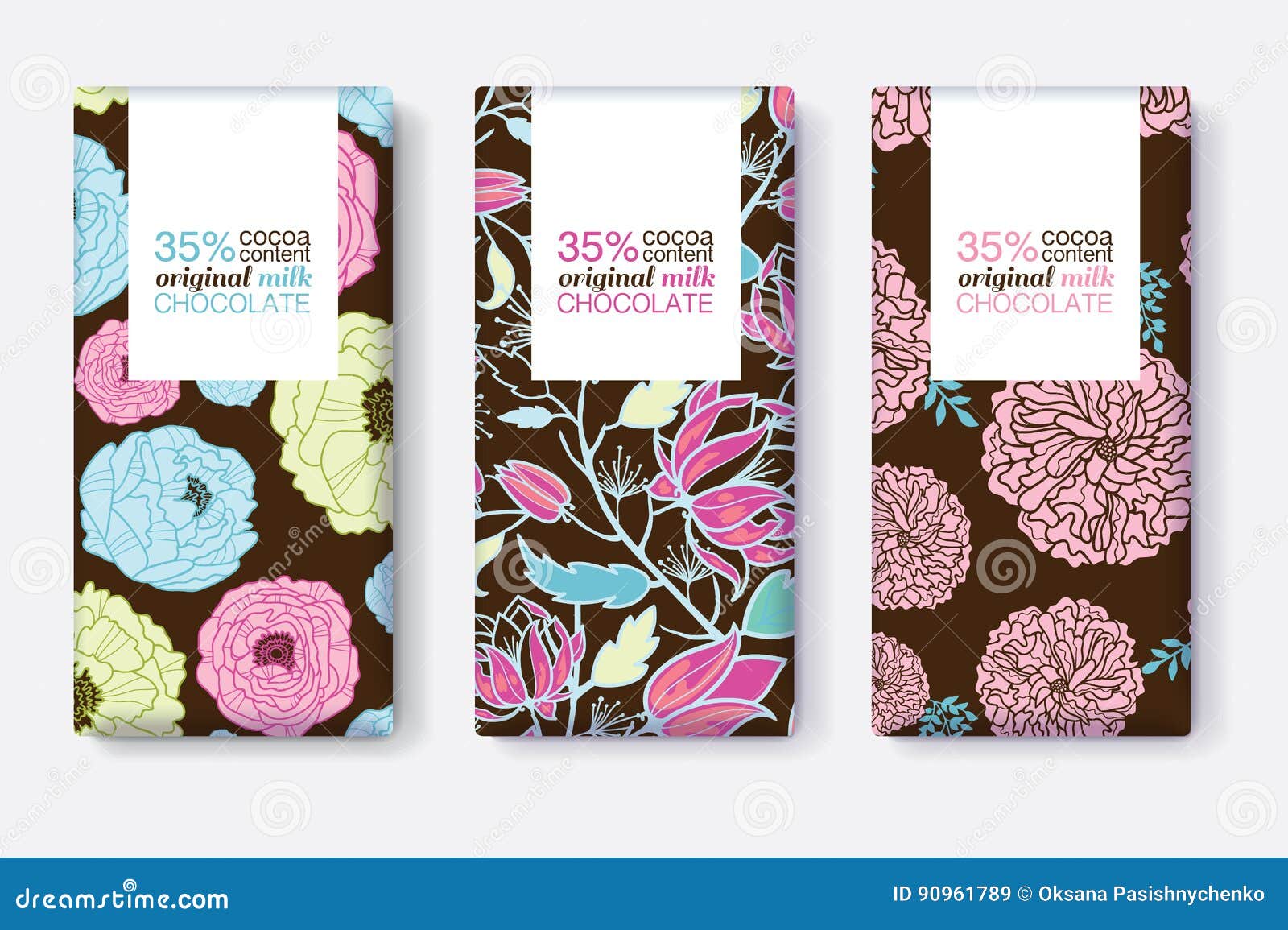Vector Set of Chocolate Bar Package Designs with Blue, Pink, and Brown ...