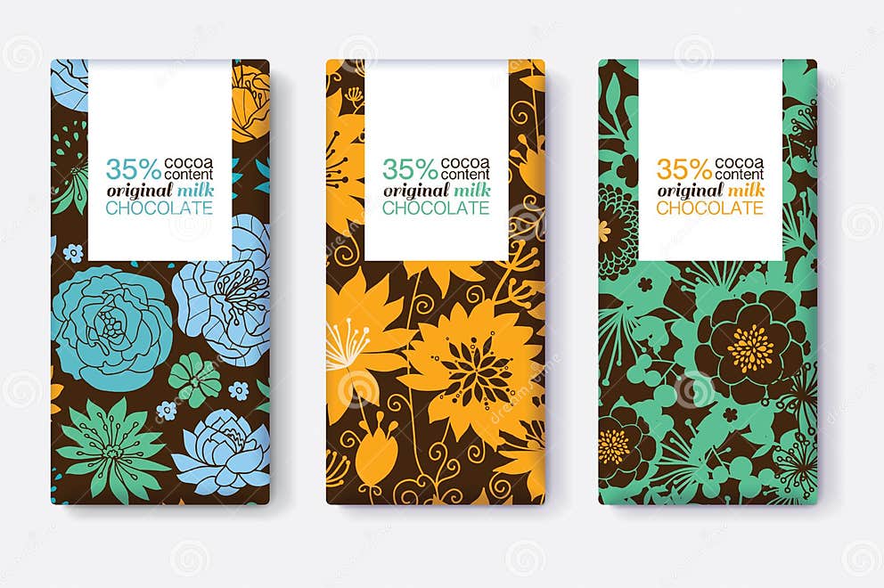 Vector Set of Chocolate Bar Package Designs with Blue, Yellow, and ...