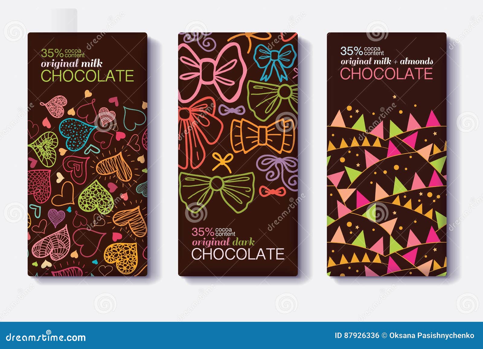 Vector Set of Chocolate Bar Package Designs with Fun Party Decor Hearts ...