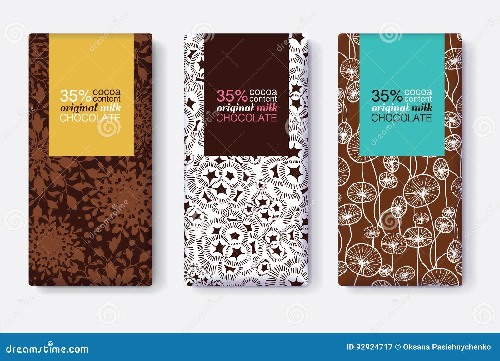 Vector Set of Chocolate Bar Package Designs with Modern Brown Floral ...