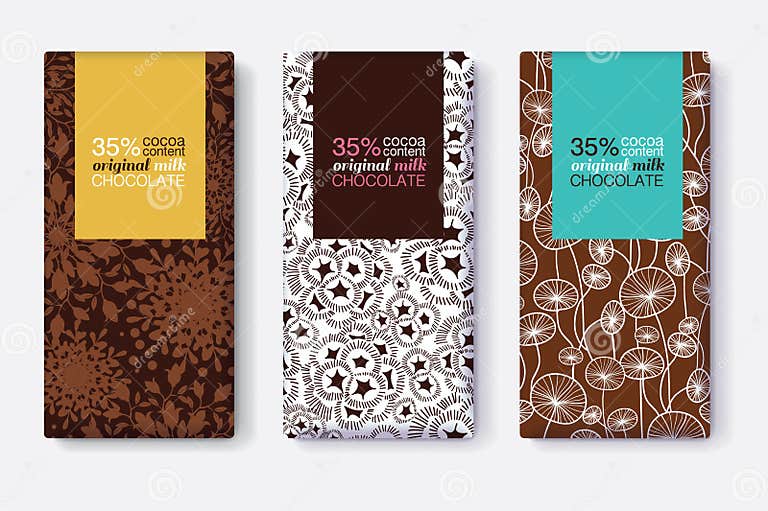 Vector Set of Chocolate Bar Package Designs with Modern Brown Floral ...