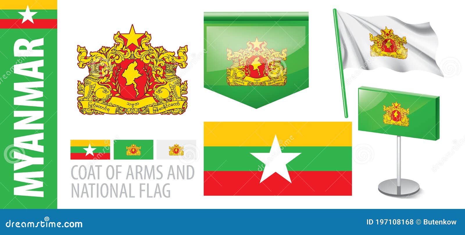 Vector Set of the Coat of Arms and National Flag of Myanmar Stock ...