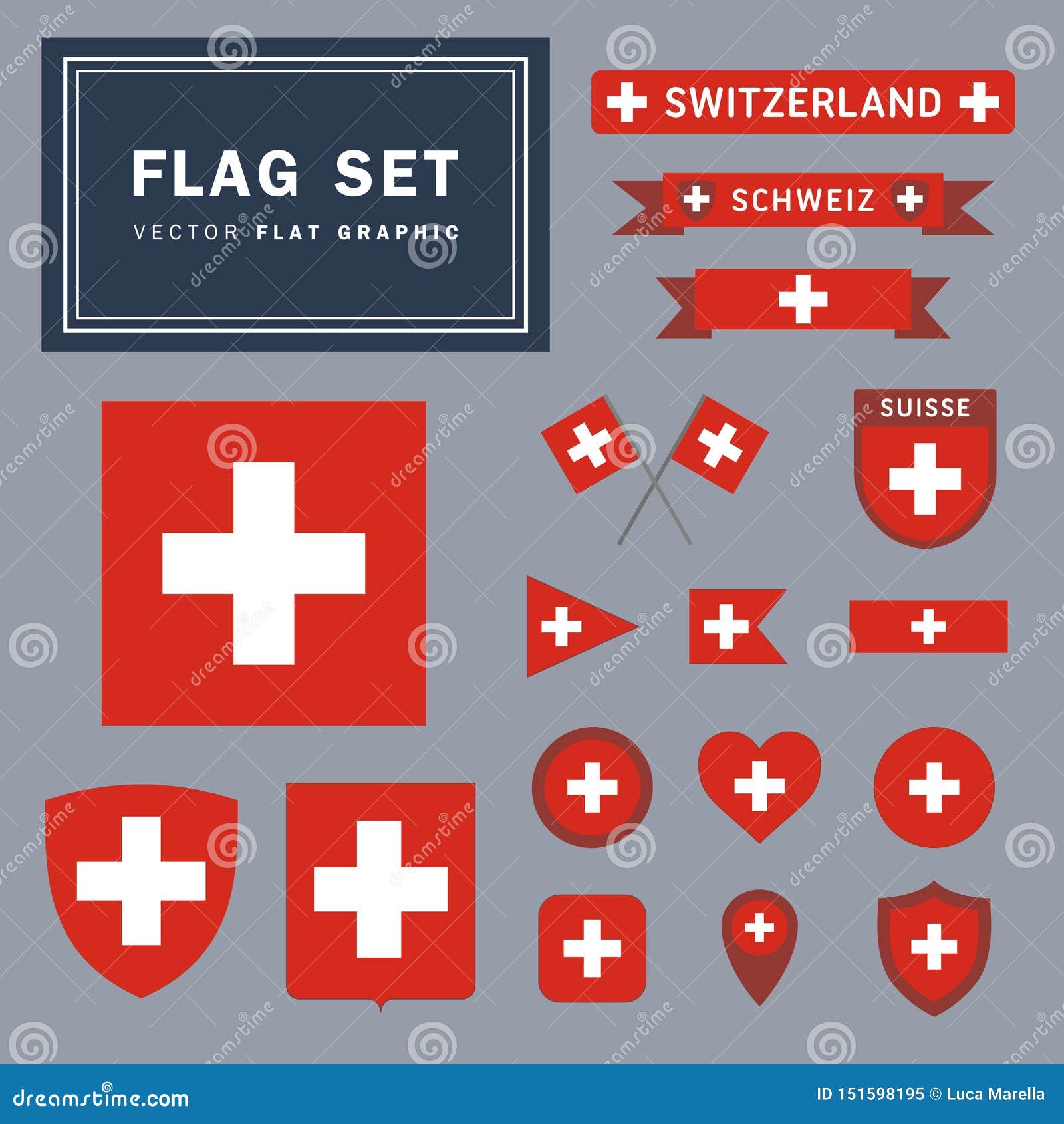 Vector Set of 17 Different Switzerland Flag Related Illustrations Stock ...