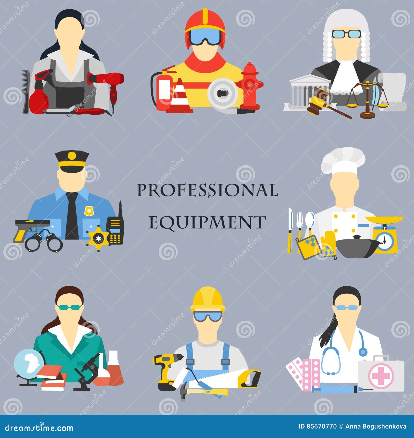 Vector Set Collection Icons of Color Professions Equipment Vector ...