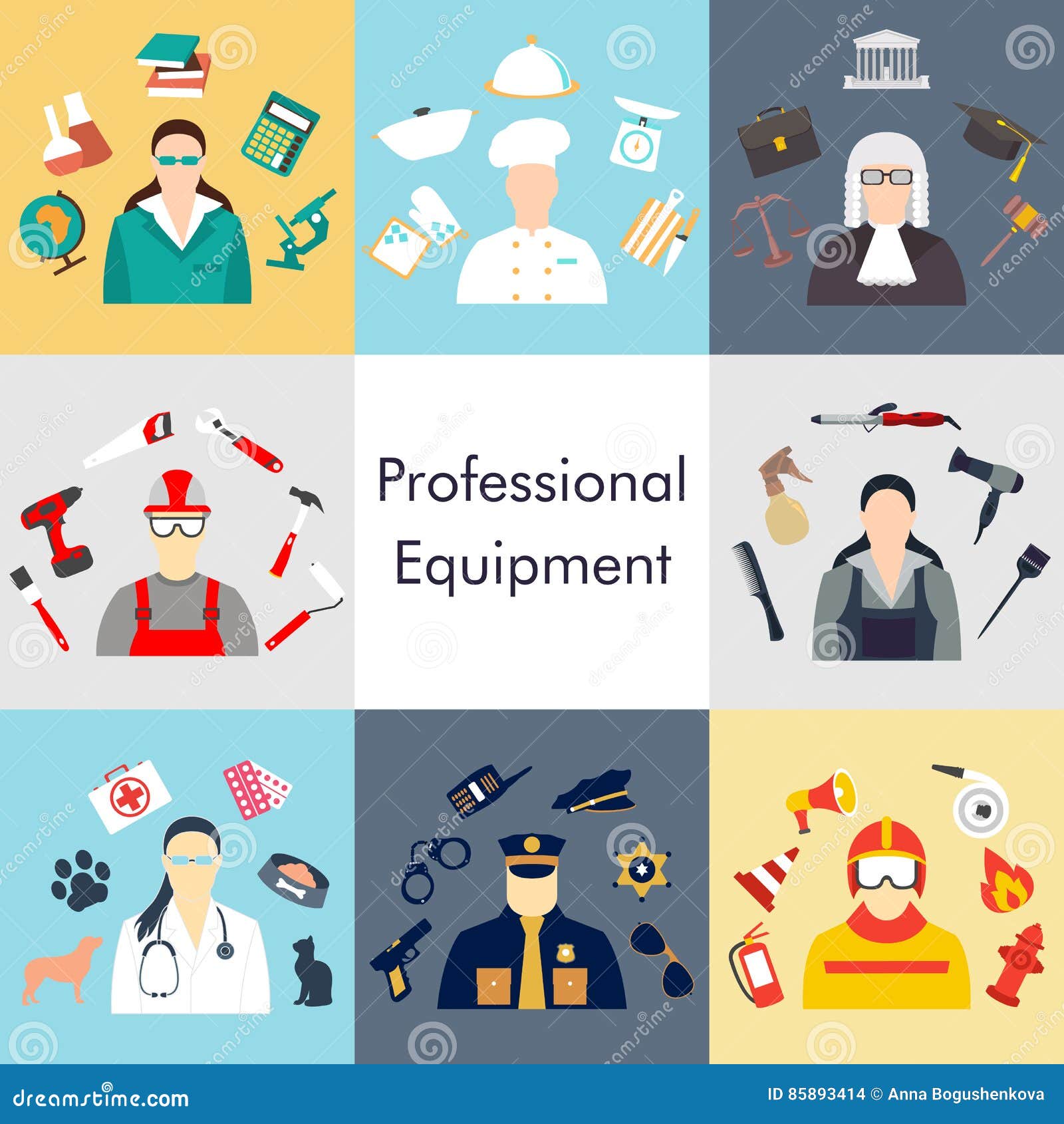 Vector Set of Collection Icons of Color Professions Equipment Vector ...