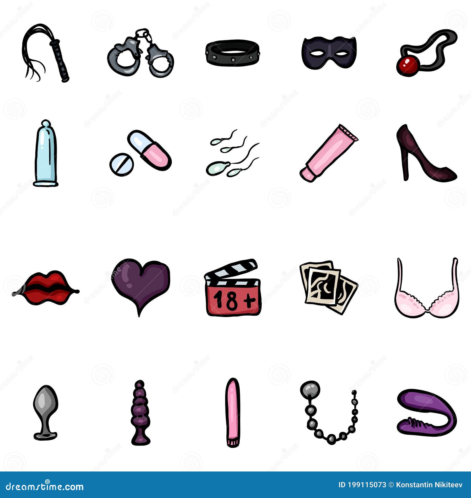 Vector Set Of Color Doodle Sex Shop Icons Stock Vector Illustration Of Condom Handcuffs