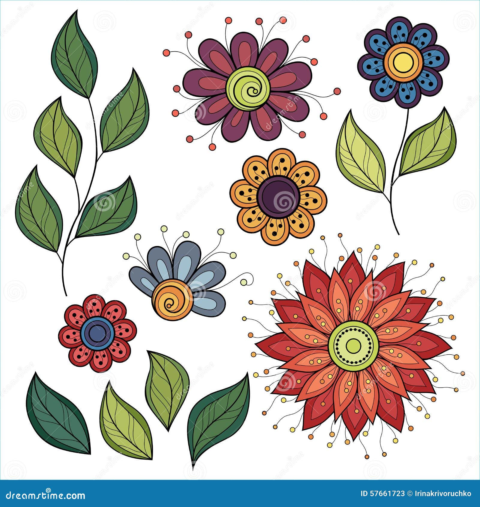 Row Of Contour Flowers In Cartoon Doodle. Vector Hand Drawn Spring ...