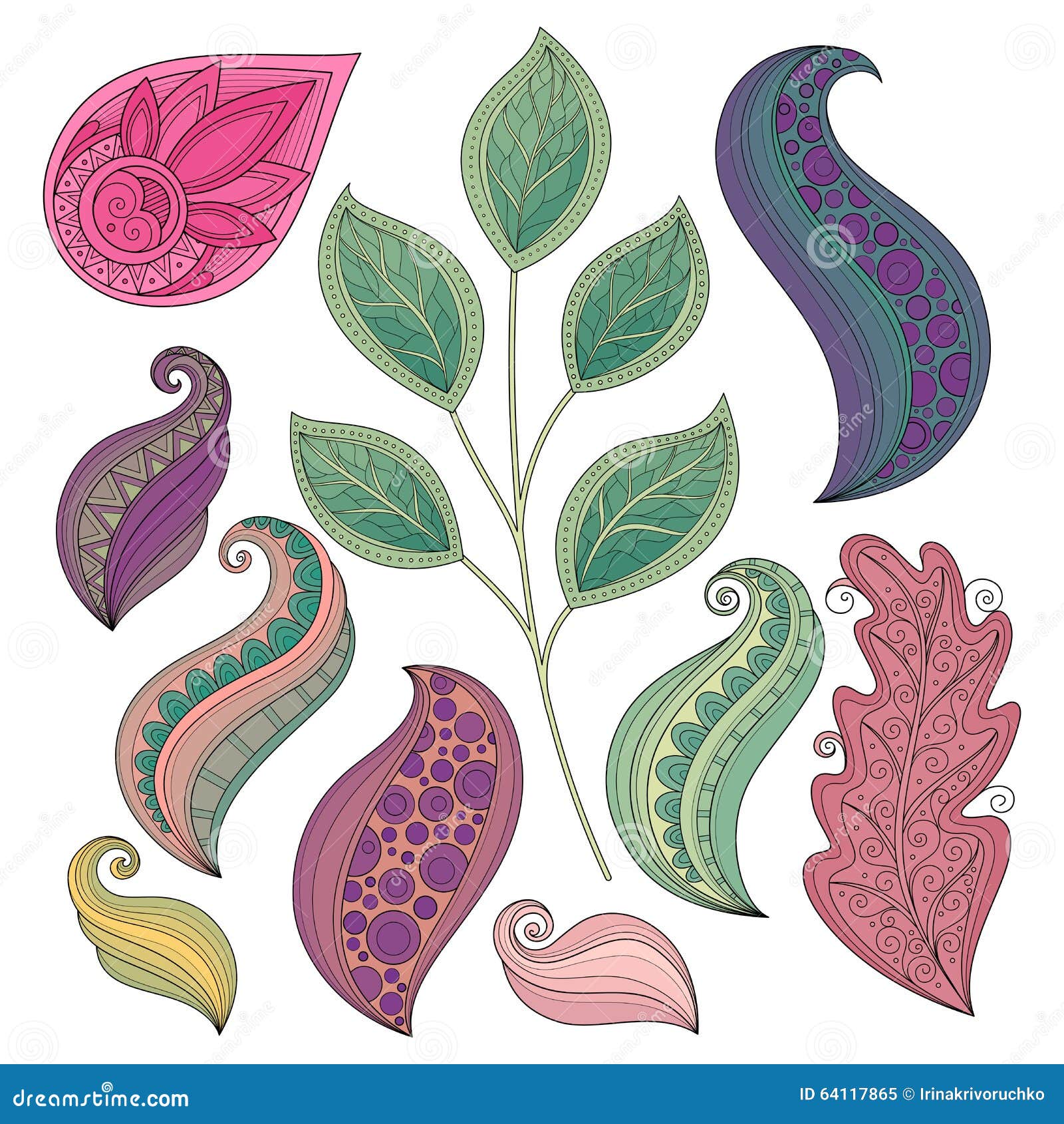 Vector Set of Colored Contour Flowers and Leaves Stock Vector ...