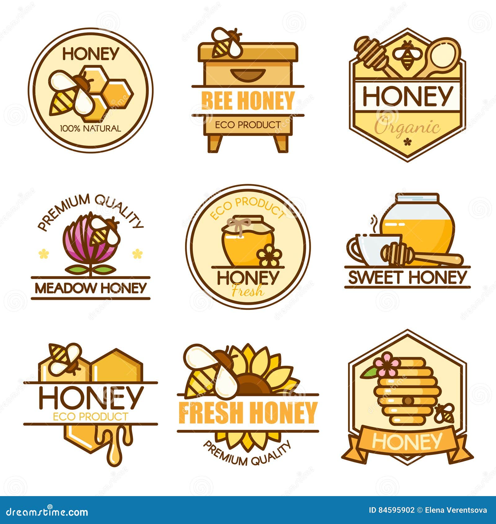 Vector Set of Colored Honey Labels, Bee Badges and Design Elements ...