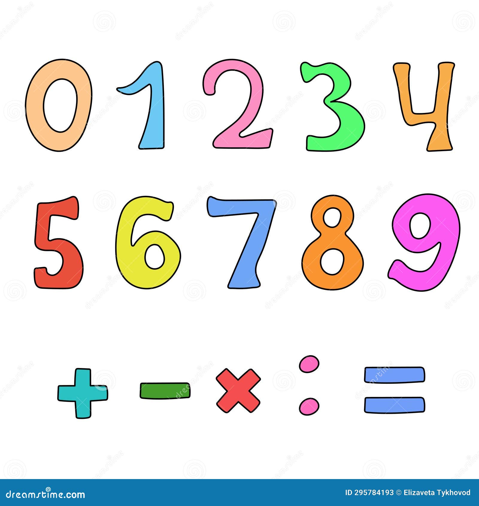 Vector Set of Colored Numbers Drawn by Hand on White. Counting Signs ...