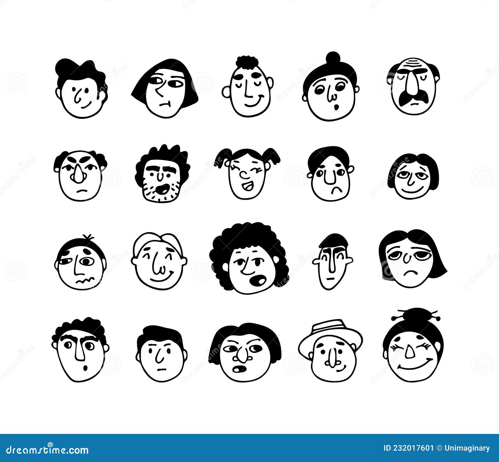Vector Set of Contour Faces Characters with Different Emotions Stock ...